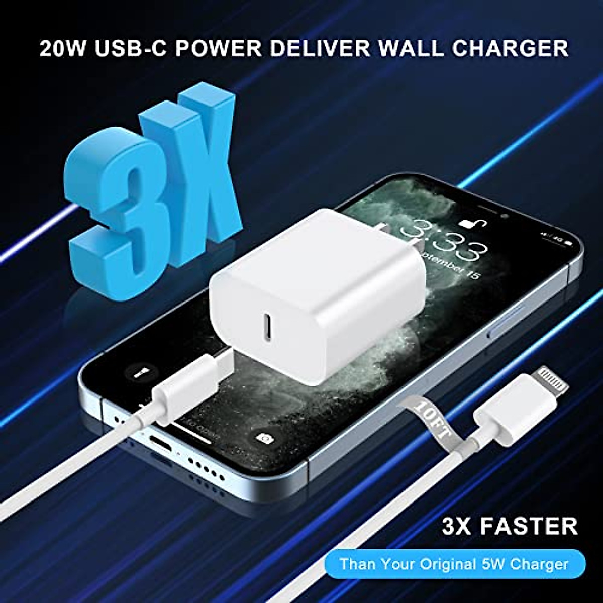 iPhone Charger Fast Charging 10 FT [Apple MFi Certified], 2 Pack PD 20W USB C Wall Charger Block with 10FT Long Type C to Lightning Fast Charging Data Sync Cable for iPhone 14 13 12 11 XS XR X 8 iPad