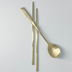 cozymomdeco Korean Made Chopsticks Spoon Set with Korean Letter Hangul Engraved Gold Color 18-10 Stainless Steel Stocking Stoffer Gift for Mom