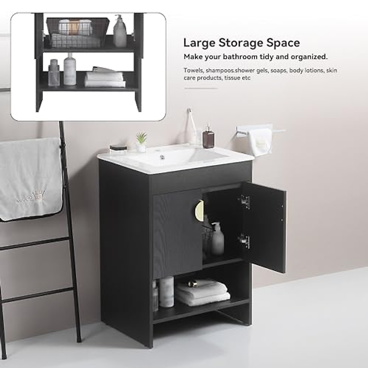 QuixotYDDZ 24 Inch Modern Freestanding Solid Wood Bathroom Cabinet, Bathroom Vanity with Ceramic Sink Combo, Bath Cabinet with 2 Doors and Open Shelf for Small Space, Solid Wood, Black
