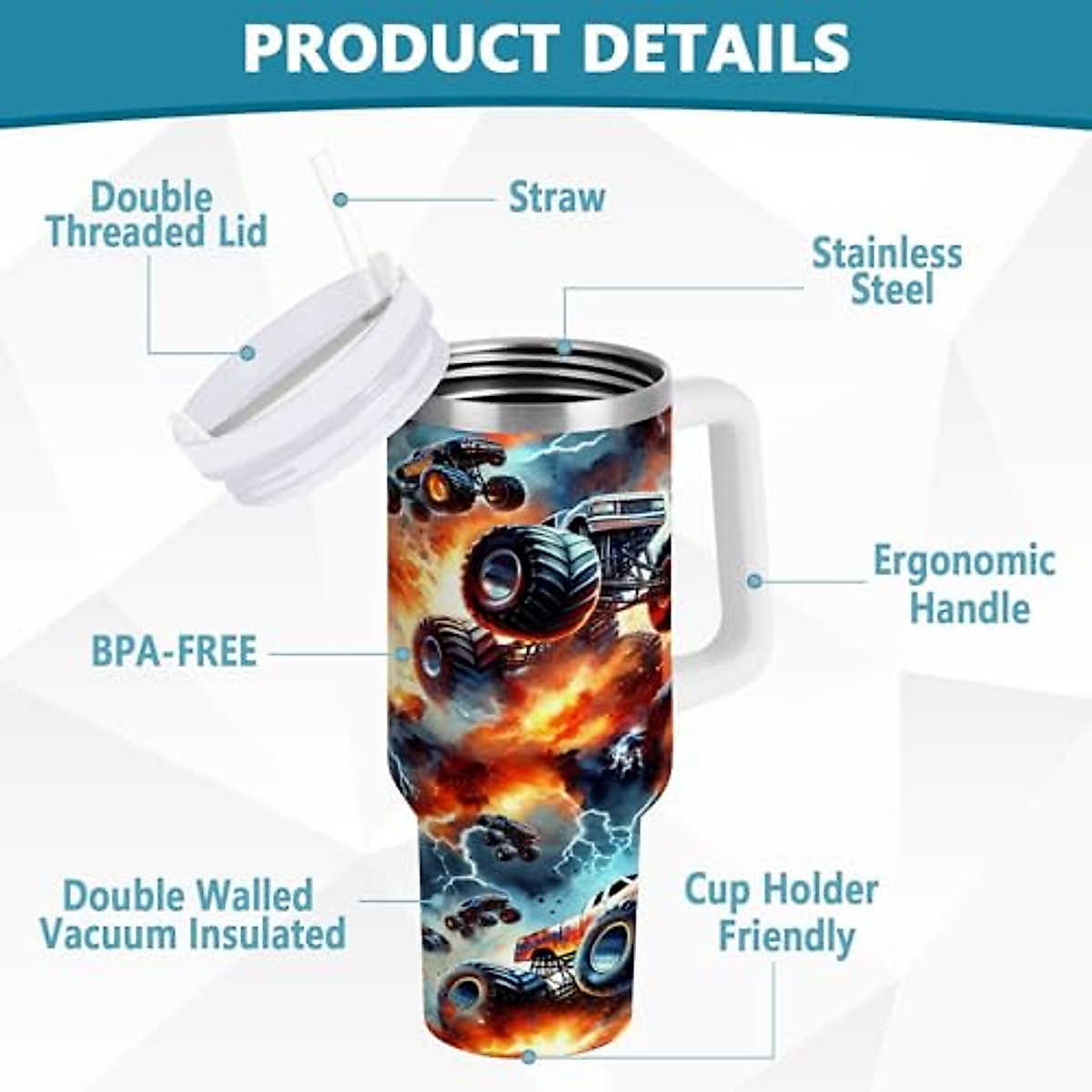 Jihqo Lightning Tank Cars 40 oz Stainless Steel Vacuum Insulated Tumbler with Handle and Straw Lid, Leakproof Water Bottle Double Wall Travel Mug Coffee Cup, Cupholder Friendly