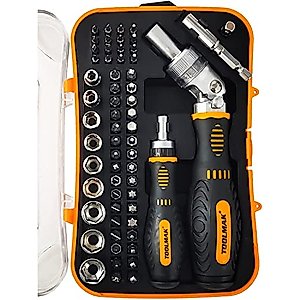 Ratcheting Screwdriver Set TOOLMAK 61pcs Socket Set & Screwdriver Bit Set with Rotatable Ratchet Handles ＆ Storage Case, Household Repair Tool Kits for Bike
