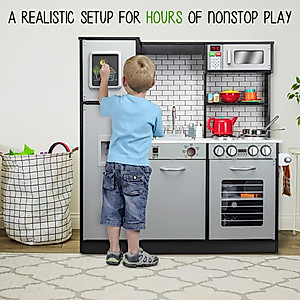 Lil' Jumbl Kids Kitchen Set, Pretend Wooden Play Kitchen, Battery Operated Icemaker & Microwave with Realistic Sound, Pots & Pan Included - Charcoal