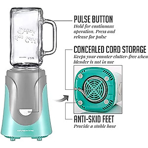 Ovente Electric Personal Portable Blender, 18 Ounce Drink Mixer, Frozen Margarita, Shake & Smoothie Maker, Glass Jar with Stainless Steel Blades and 300-Watt Base, Compact BPA-Free, Turquoise BLH1002T