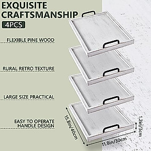 Lallisa 4 Pcs Large Rustic Wooden Serving Tray Rectangular Ottoman Tray with Handles Wood Tray Decorative Serving Trays Platter for Party, Coffee Tables, Breakfast, Home (White,15.75 x 11.81 x 2.36)