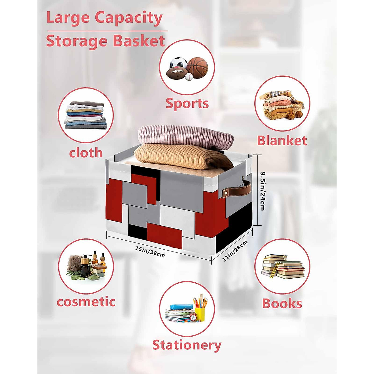 Abstract Storage Basket Large Foldable Storage Bins with Handles Geometric Mid Century Red Nordic Waterproof Fabric Laundry Baskets for Organizing Shelves Closet Toy Gifts Bedroom Home Decor