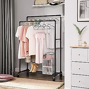 SONGMICS Industrial Pipe Clothes Rack Bundle with 50 Clothes Hangers, Rolling Garment Rack with Bottom Storage Shelf, Space-Saving Plastic Hangers with Tie Bars UHSR60B and UCRP20G50