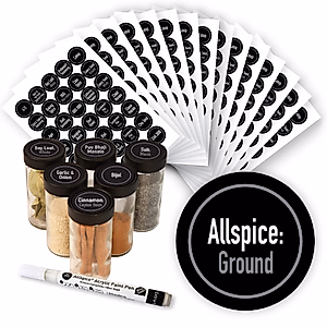 AllSpice Ultimate Spice Label Set 525 Preprinted Water Resistant Round Spice Jar Labels Set 1.5" with Extra Fine White Paint Pen(Modern Black)