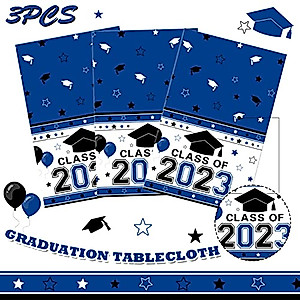 ssailue decor 2023 Graduation Decorations, 3 Pieces Blue Class of 2023 Tablecloth Plastic Disposable Graduation Table Cover for Congrats Grad Party Supplies, 43x 70 Inch