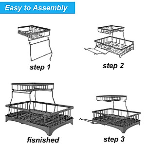 KISSWILL 2-Tier Steel Dish Drying Rack for Kitchen Counter, Detachable Large Capacity Dish Racks with Drainboard, Dish Drainer Organizer with Utensil Holder (Black)