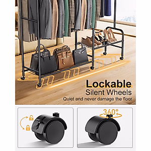 FYBEE 3-In-1 Clothes Racks For Hanging Clothes with Coat Rack, Heavy Duty Clothing Rack with Shelves Load 620Lbs, Portable Garment Racks with Lockable Wheels, Multi-Functional Closet Rack For Bedroom