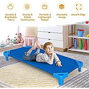 Fireflowery Toddler Daycare Cots, Stackable Kids Cots for Sleeping, Resting, Naptime Cot w/Easy Lift Corners, Great for Nursery, Preschool, Home, Pack of 6, Dark Blue