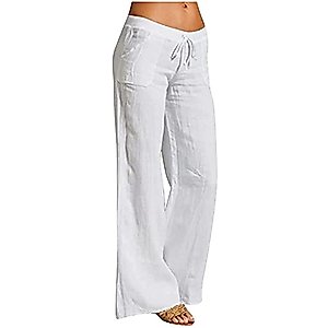 RUSHAIBAR Women's Cotton Linen Long Lounge Pants High Waist Drawstring Loose Fit Casual Trousers with Pockets White XL