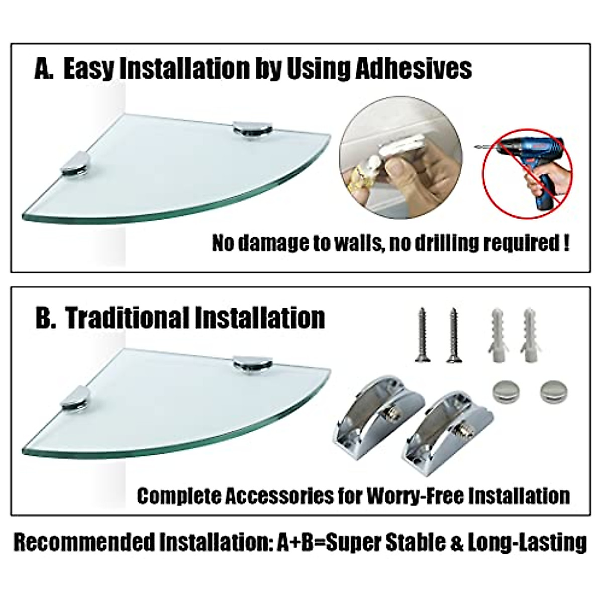 SHUAIAIW Bathroom Corner Organizer Shelves Shower Caddy Shelf Wall Mount Set of 2 Tempered Glass Shelf Shower Holder for Shampoo and Soap Organizer Adhesive Corner Shelf No Drilling