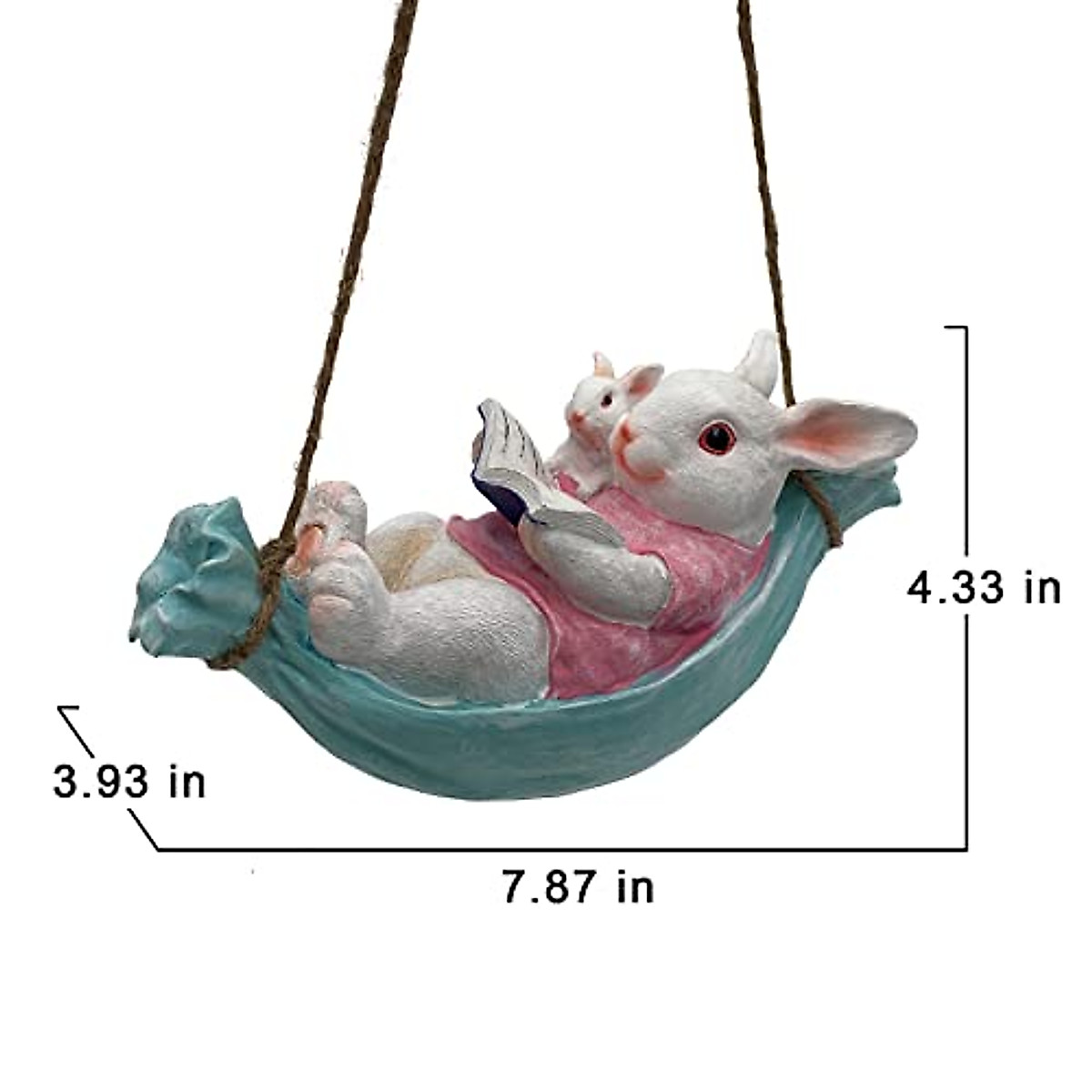 Usupgift Pink Swing Rabbit Garden Statues Cute Rabbit Figures Tree Hanging Sculpture (8.9"X4.3"X 3.9") for Outdoor Décor Garden Patio Yard Lawn