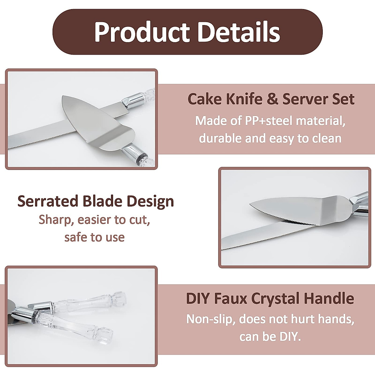 2PC Wedding Cake Knife and Server Set, TWUTGAYW Stainless Steel Cake Cutter and Pie Server Faux Crystal Handle Serving Utensils, Cake Cutting Set for Wedding Holiday Thanksgiving Christmas Parties