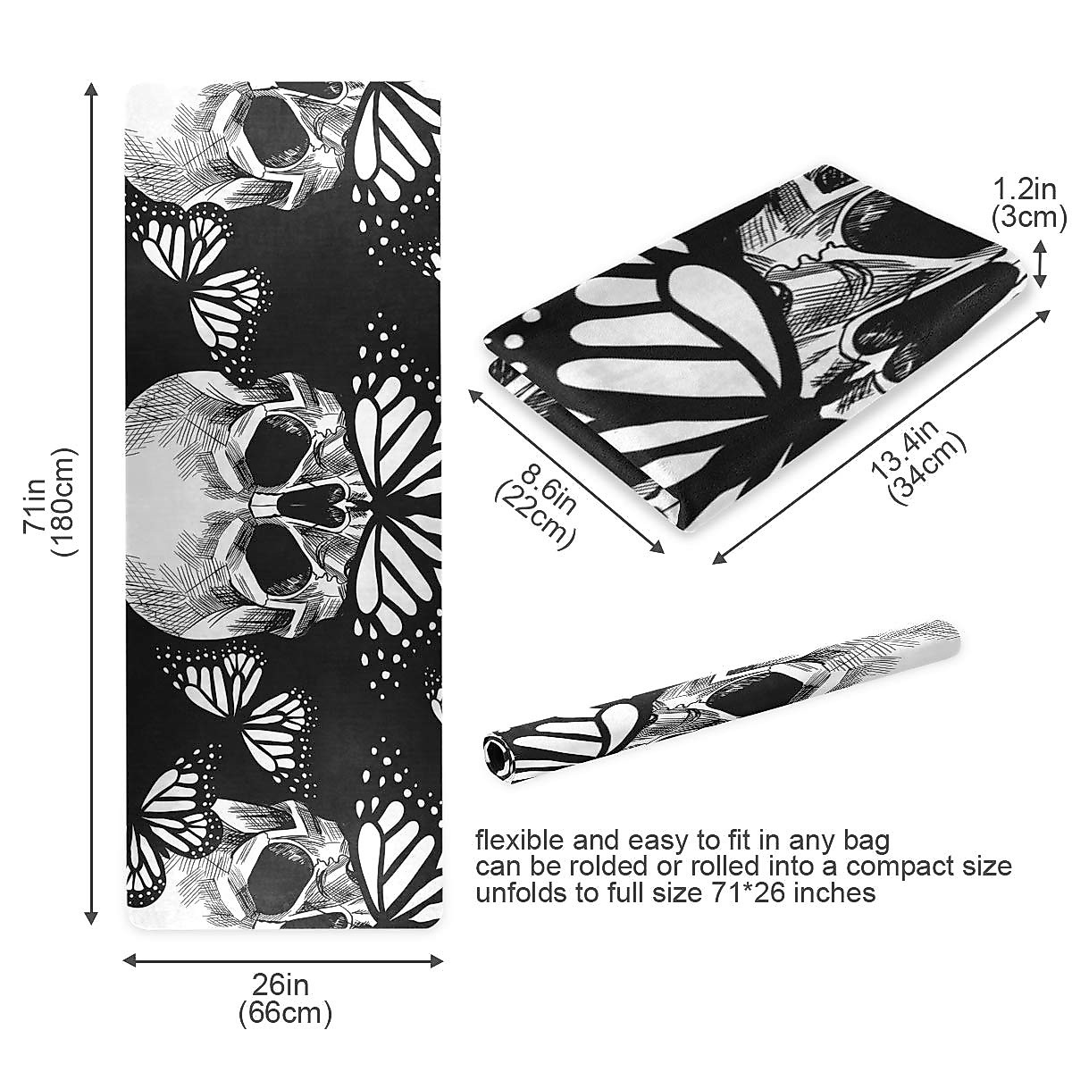 Baofu Non Slip Yoga Mat Skull Exercise Fitness Eco Friendly Hot Mat Long TPE Foldable Natural Non-Toxic Pilates Mat with Carrying Bag 71"x26"