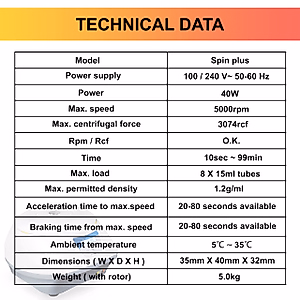 Vision Scientific VS-TC-SPINPLUS-8 Digital Bench-top Centrifuge | 400-5000rpm (Max. 3074xg) | LCD Display | Capacity: 8 x 15ml