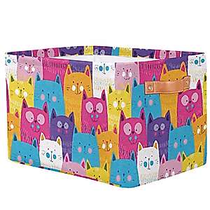 Rectangular Cats Baskets, Kitten Girls Storage Bins Kids Storage Basket with PU Leather Handles Cute Baskets Clothes Toys Box Books Baskets Gifts Baskets for Closet Shelf Nursery Bedroom 15x11x9.5 In