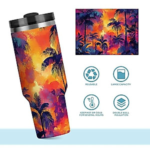 Selerdon 40 oz Tumbler Coconut Trees Tropical Print with Handle and Straw Lid Vacuum Stainless Steel Insulated Water Bottle Travel Mug Car Cup Holder Friendly BPA Free for Gym Travel Office