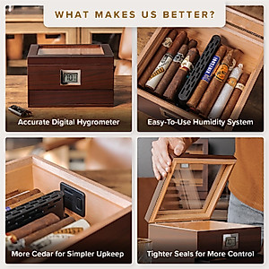 CASE ELEGANCE Glass Top Humidor with Thick Cedar, Easy humidification System, Accurate Digital Hygrometer - Renzo, Brown