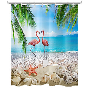 Summer Ocean Beach Shower Curtain for Bathroom Funny Pink Flamingo and Starfish with Seashell Coastal Bathroom Shower Curtains with Hooks, Tropical Palm Leaf Bathroom Curtains Shower Set 60x72 inch