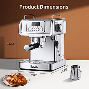 ILAVIE Espresso Machine 20 Bar, Professional Espresso Maker Cappuccino Machine with Steam Milk Frother, Stainless Steel Espresso Coffee Machine with 61oz Removable Water Tank, for Home Office Dad Mom