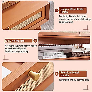 OKD 48" Coffee Table with Natural Rattan Drawers, Mid Century Modern 2-Tier Center Table with Open Storage Shelf, Boho Rectangular Wood Cocktail Table for Living Room, Cherry