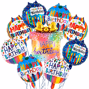 9 Pcs Happy Birthday Balloons, Round Foil Birthday Balloon Birthday Party Decorations, Large Birthday Mylar Balloon Birthday Gift Box Balloons for Kids Birthday Baby Shower Decorations
