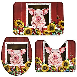 3 Pieces Bath Rugs Sets Farm Red Barn Pink Pig Yellow Sunflowers Soft Non-Slip Absorbent Toilet Seat Cover U-Shaped Toilet Mat for Bathroom Decor Cute Animals