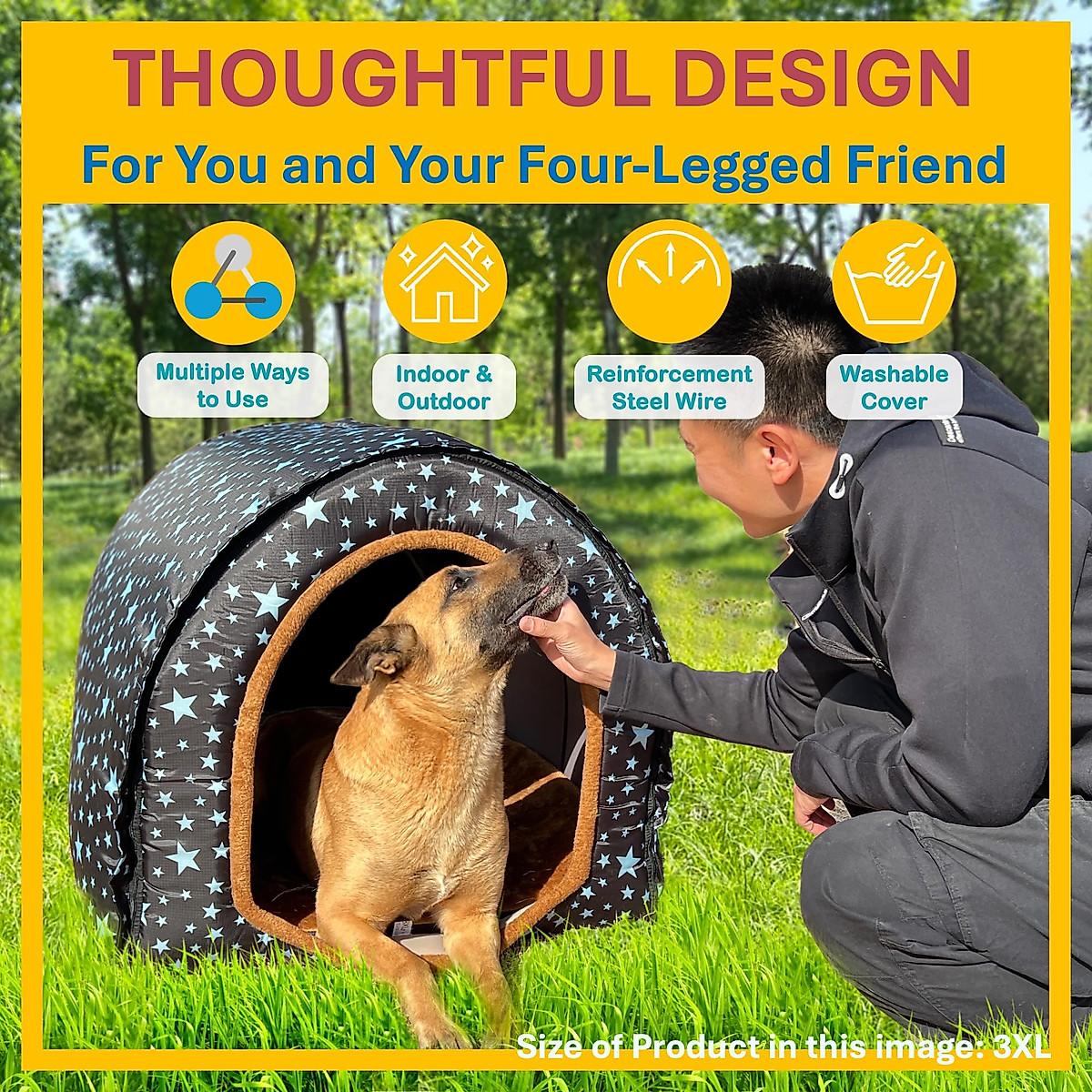 2 in 1 Extra Large Pet Winter House Convertible to Bed with Warm Cushion Mat, 2 Way Indoor Outdoor Portable Dog Kennel, Removable Washable Cover (XL Starry Sky)