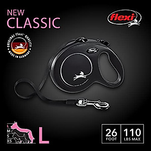 FLEXI New Classic Retractable Dog Leash (Tape) 26 feet, Large, Black