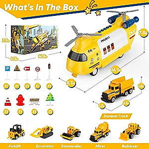 Airplane Toy with Construction Toy Cars Set, Transport Cargo Airplane with Lights and Sounds, 6 Mini Car Toys & 11 Road Signs, Toy Airplane Gifts for 3 4 5 6+ Years Old Kids Boys and Girls