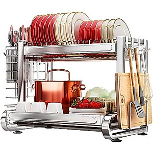 Dish Drying Rack, Stainless Steel Dish Rack, Rustproof Dish Drainers for Kitchen Counter, Multifunctional 2 Tier Dish Drainers Organizer with Drainboard & Utensil Holder