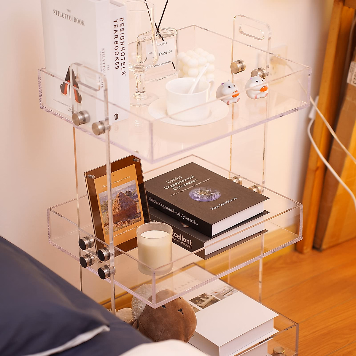 BOEASTER 3-Tier Acrylic Bar Cart,Storage Rolling Cart with Wheels,Clear Acrylic Side Table for Office School and Home