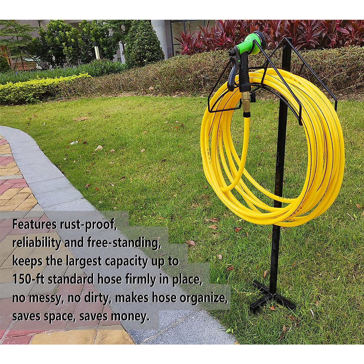 Artigarden Freestanding Garden Hose Holder Hanger, Heavy Duty Metal Water Hose Reel Storage Stand Rack for Yard Lawn, Bright Black (Hose not Included)