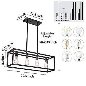 HQZBPT Farmhouse Rectangle Chandeliers for Dining Rooms, Modern Linear Hanging Light Fixture Matte Black 4-Light Industrial Pendant Lighting for Kitchen Island