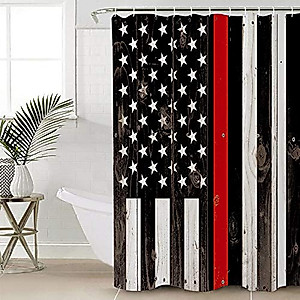 4 PCS Independence Day USA Flag Shower Curtain Set with Bath Rugs,American Red Line Fireman Waterproof Curtains Soft Bathroom Non-Slip Floor Mats Toilet U-Shaped Pad and Toilet Lid Covers Wood Plank
