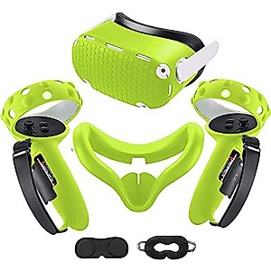 Compatible with Oculus Quest 2 Accessories, Silicone Face Cover, VR Shell Cover, Touch Controller Lengthening Grip Cover with Battery Opening Adjustable with Knuckle Straps Green