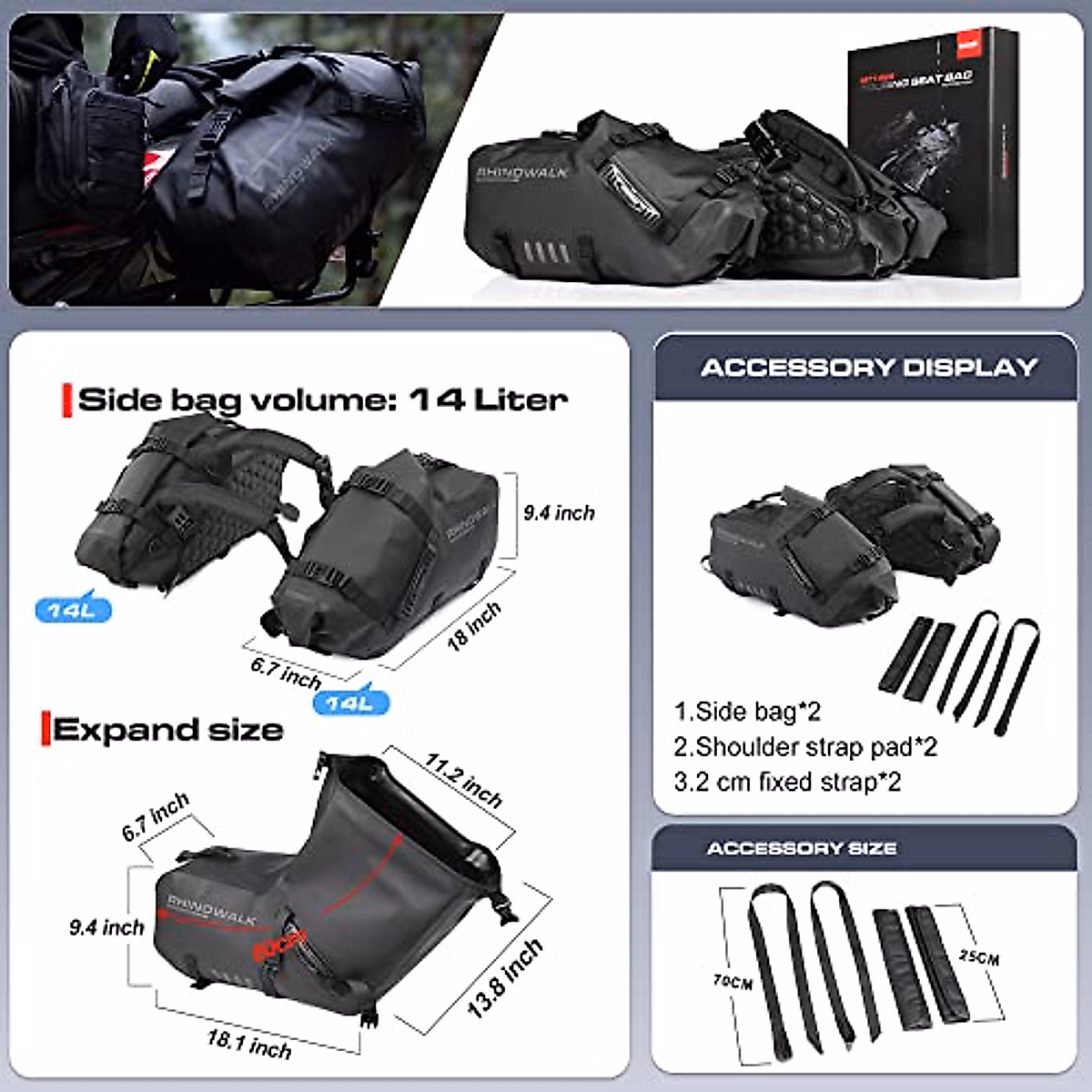Rhinowalk Motorcycle Saddlebags Waterproof 28L (14L*2) Side Saddlebags, Compatible with most motorcycle racks, adventure、street、sports、dirt bike (Black 1 Pair)