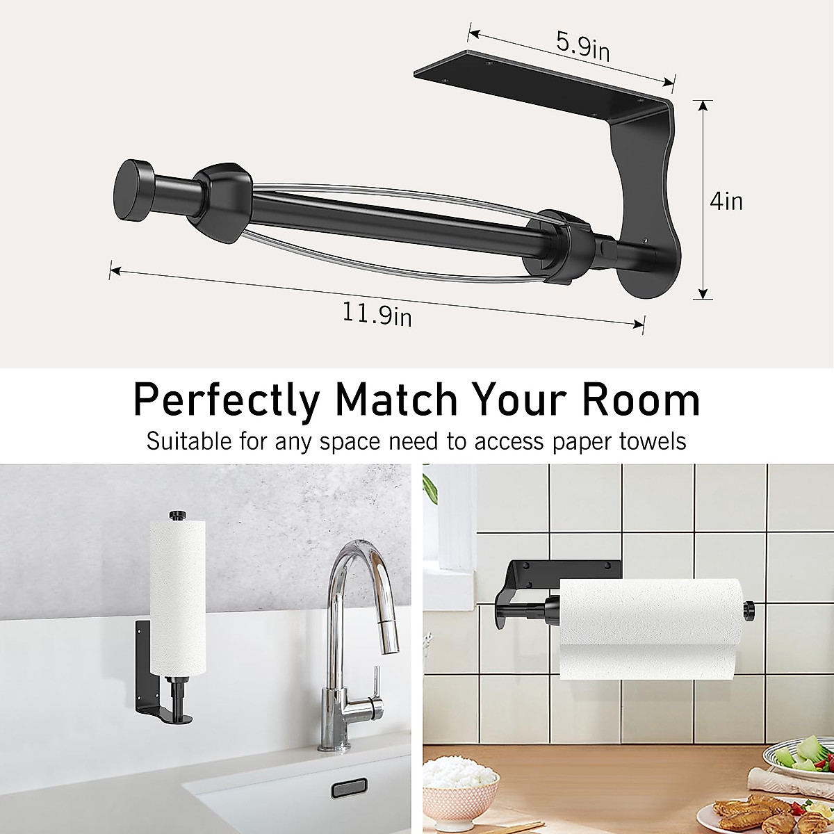 SetSail Paper Towel Holder, Single Hand Operable Paper Towel Holder Under Cabinet with Adjustable Damper Easy Tear Paper Towel Holder Wall Mount for Kitchen Bathroom, Adhesive or Screw, Black