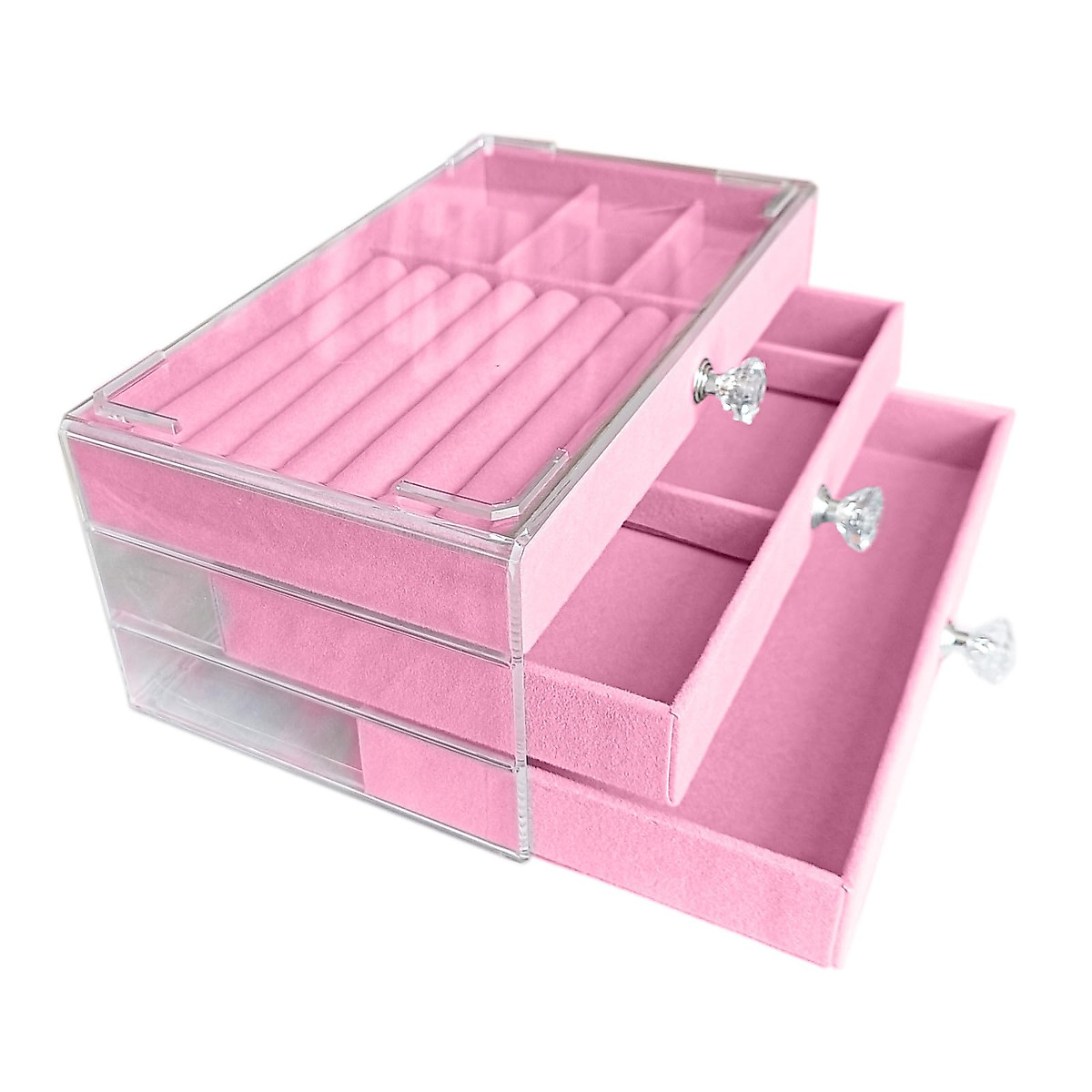 Jemjosh Clear Acrylic Velvet Jewelry Organizer with 3 Drawers, Stackable Display Storage Earrings Necklace Rings Bracelets Box Holder Case for Women, Pink