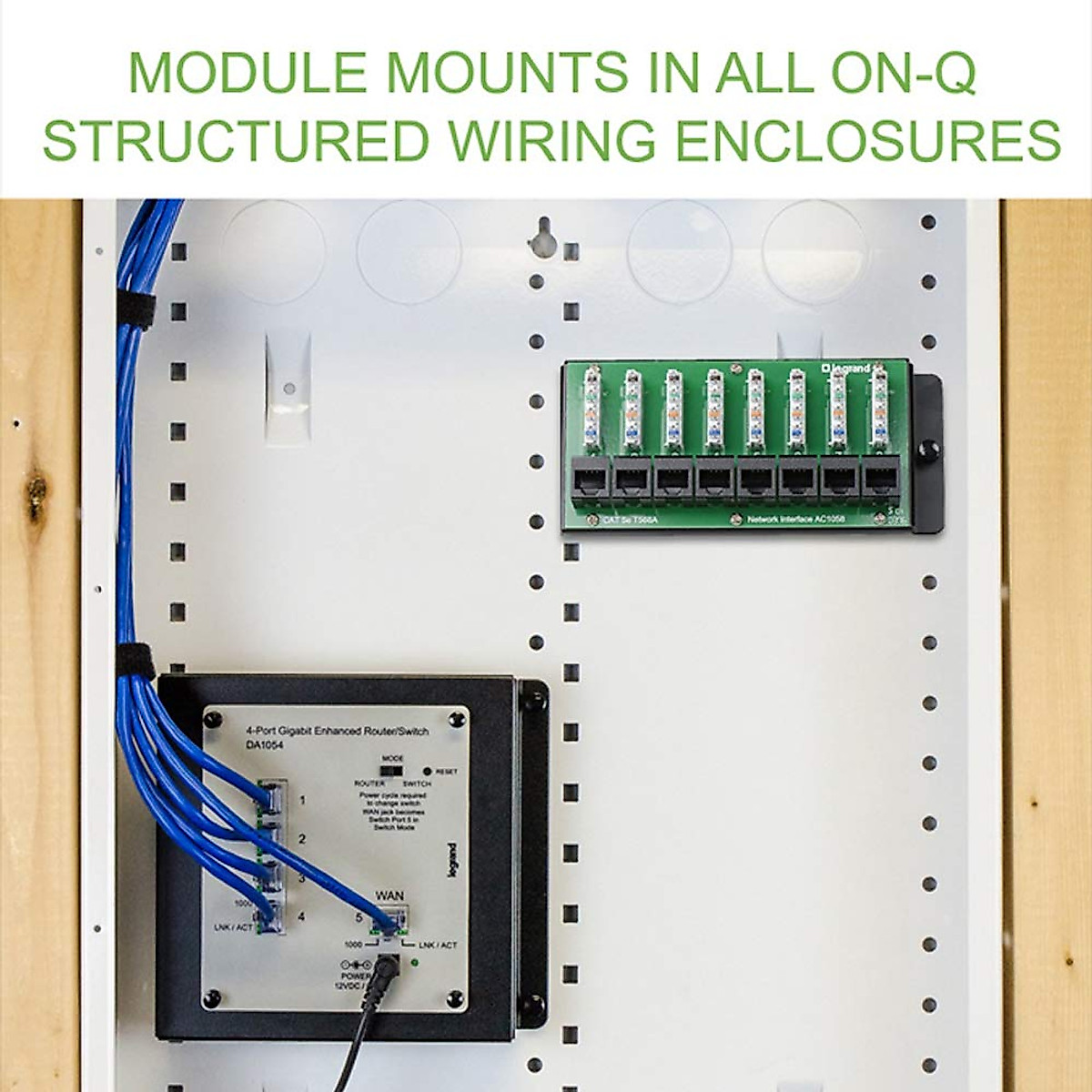 Legrand - OnQ Cat5e Network Interface Module, Wifi Module with 8 Ports, Network Box Provides Connectivity to Ethernet Connected Devices, Black, AC1058