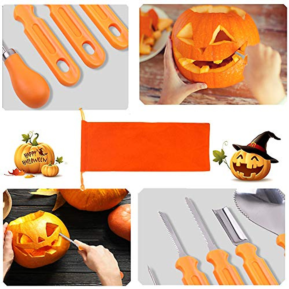 Halloween Pumpkin Carving Kit, 11 Pieces Pumpkin Carving Tools Sets with 12 Pumpkin LED Candles Lights, Professional Heavy Duty Stainless Steel Pumpkin Cutting Knife Supplies for Halloween Decoration