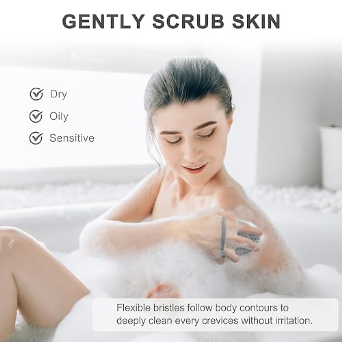 FREATECH Silicone Body Scrubber with Loop Handle, 2-Pack Gentle Exfoliating Body Cleansing Brush for Use in The Shower or Bath, More Hygienic Than Loofah, Easy to Clean, Long-Lasting, Grey & Pink