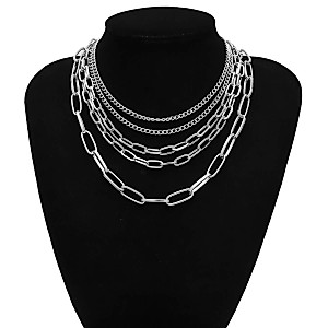 Layered Necklaces for women 18 Inch Paperclip Chain Silver Tone Choker Necklace Chains Punk Jewelry (Silver 5-layer Chains)