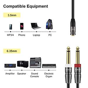 J&D 3.5mm TRS to Dual 1/4 in TS Cable, Heavy Duty 3.5 mm to 2 x 6.35 mm Cable 3.5 mm 1/8 female to 1/4 male Cord for Mixer Guitar Piano Amplifier Speaker, 6 Feet