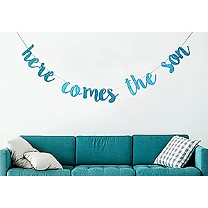 Here Comes the Son Gifts Banner- Boy Blue Glittery Welcome Little Man Baby Boy Shower Party Decor,Gender Reveal Party,Happy 1st Birthday Themes Party Supplies