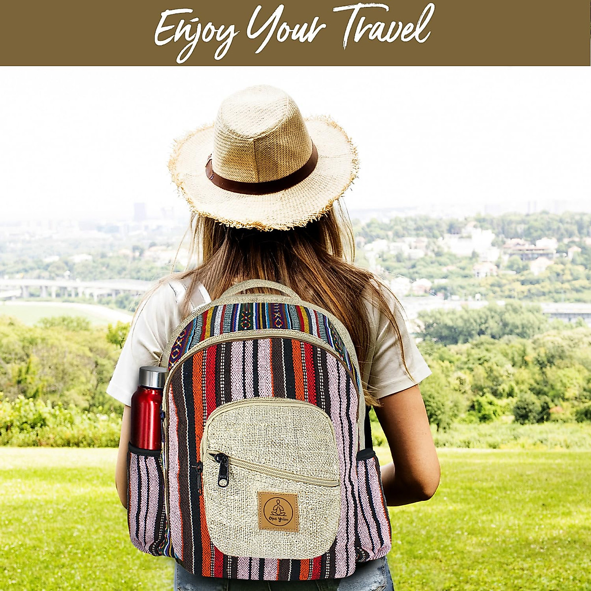 Ojas Yatra Hemp Backpack Large - Pure Himalayan Hemp Bag for Travel - Large Bohemian Rasta Backpacks for Men & Women - Multi Pocket Pure Himalayan Hemp Rucksack for Laptop, Books & Festivals