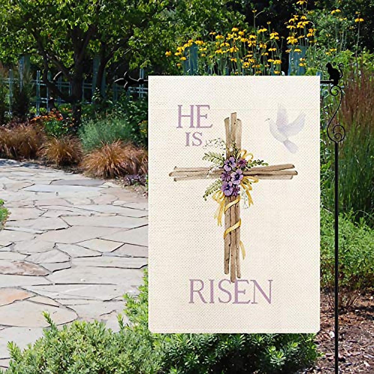 Gormcore He is Risen Garden Flag Easter Greeting Religion Small Garden Flag Vertical Double Sided Rustic Farmland Burlap Yard Lawn Outdoor Decor 12.5x18