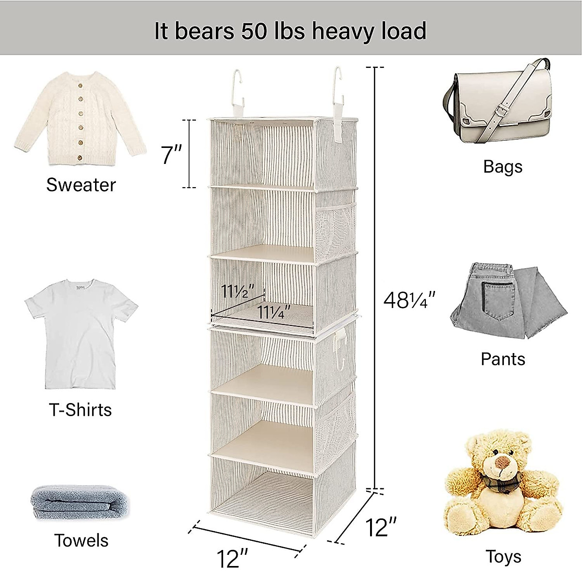StorageWorks 6-Shelf Hanging Closet Organizers, Two 3-Shelf Separable Closet Hanging Shelves, 12" D x 12" W x 48 ¼"H, Gray and White Stripes